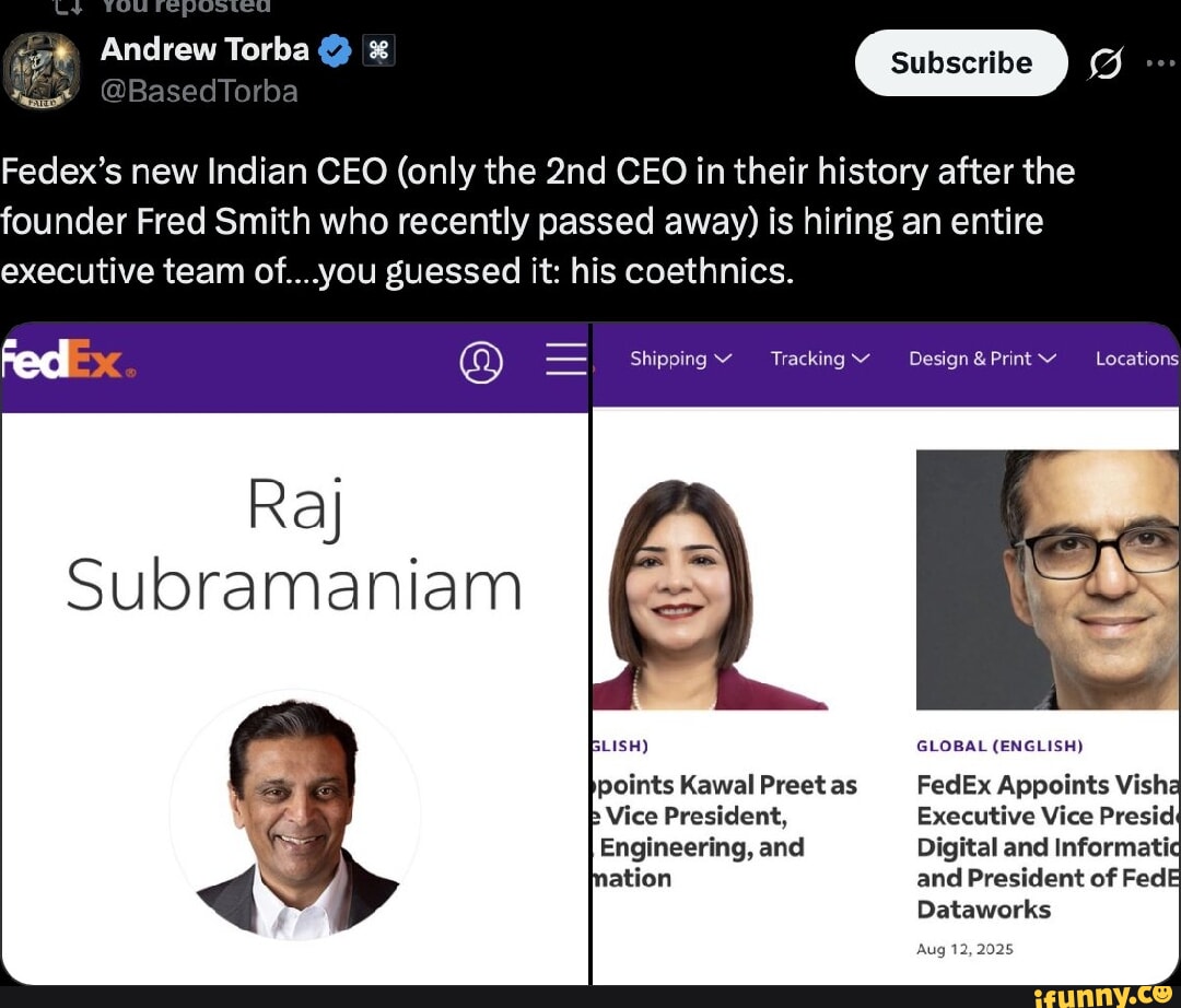 Andrew Torba Fedex's new Indian CEO (only the CEO in their history ...