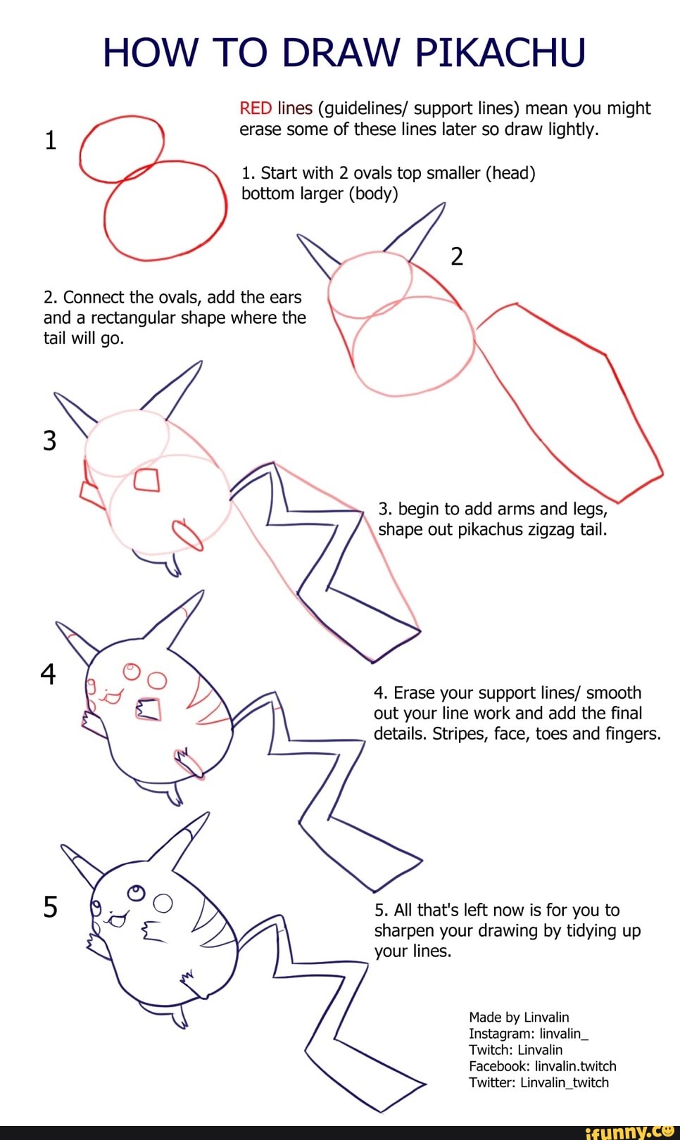 HOW TO DRAW PIKACHU RED lines (guidelines/ support lines) mean you ...