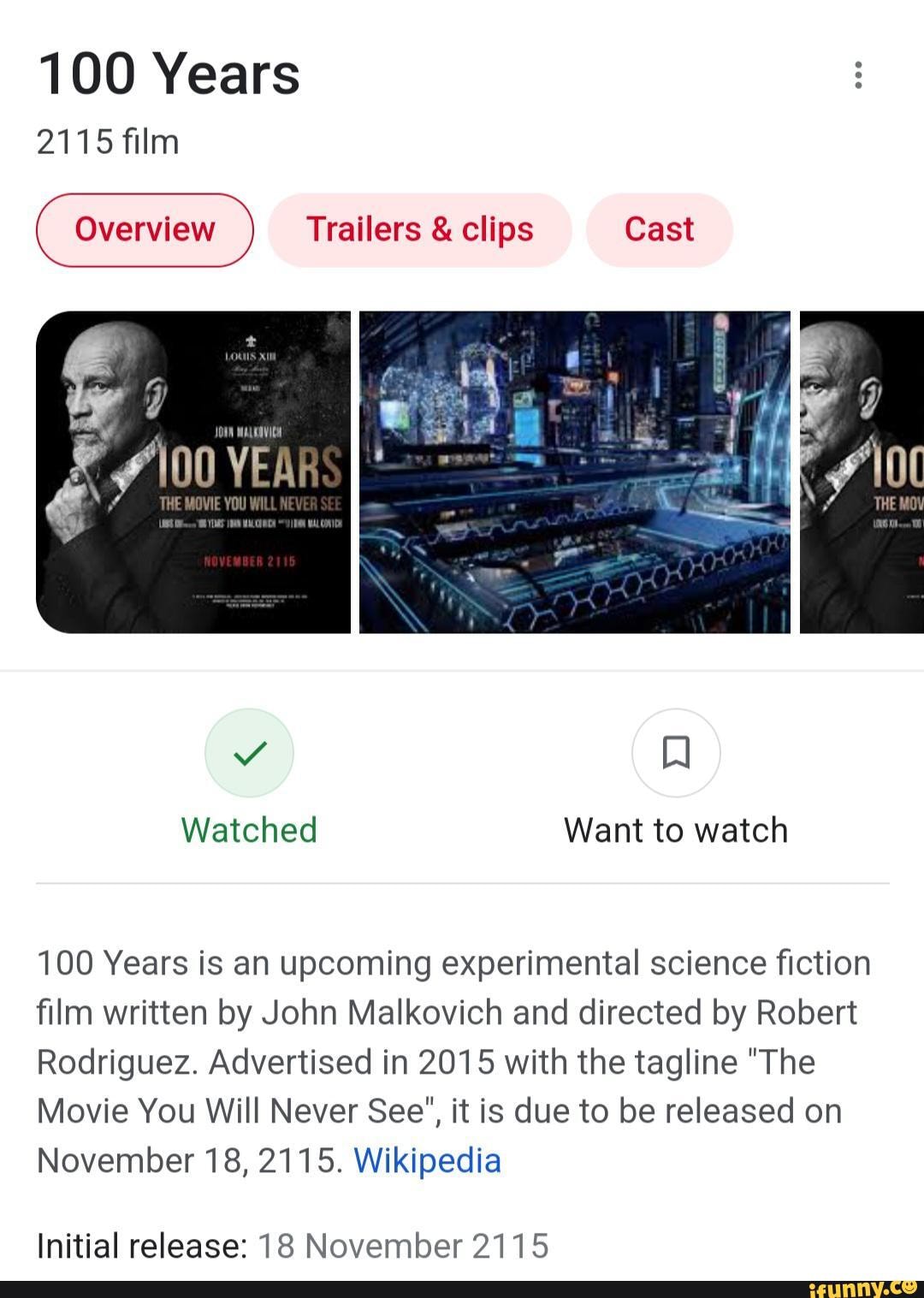 100 Years 2115 film VE Overview Trailers & clips Cast Watched Want to watch 100 Years is an ...