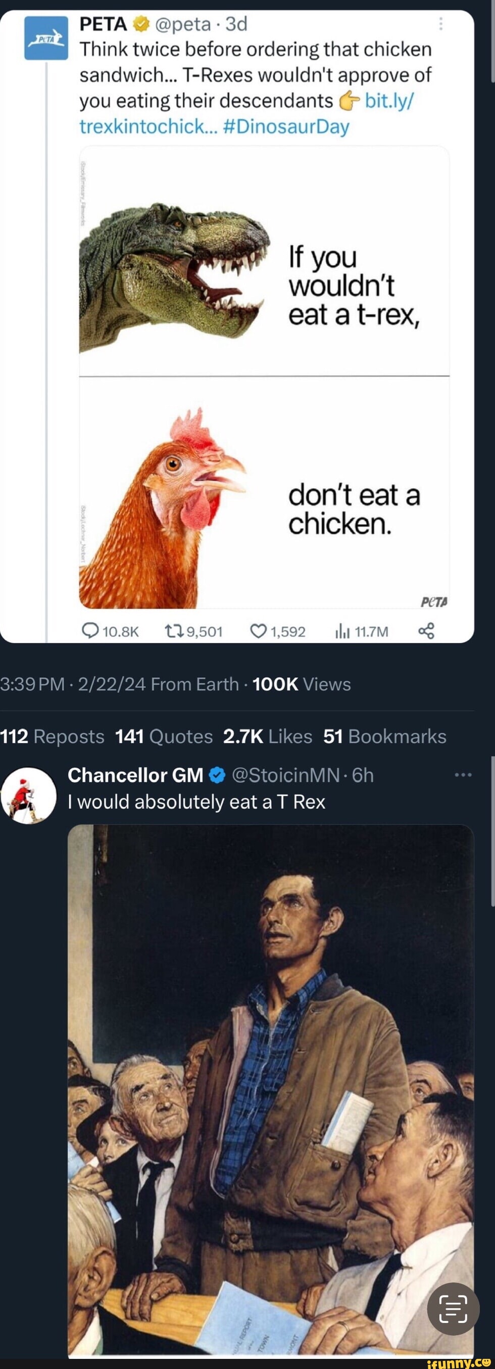 PETA @peta Think twice before ordering that chicken sandwich... T-Rexes ...