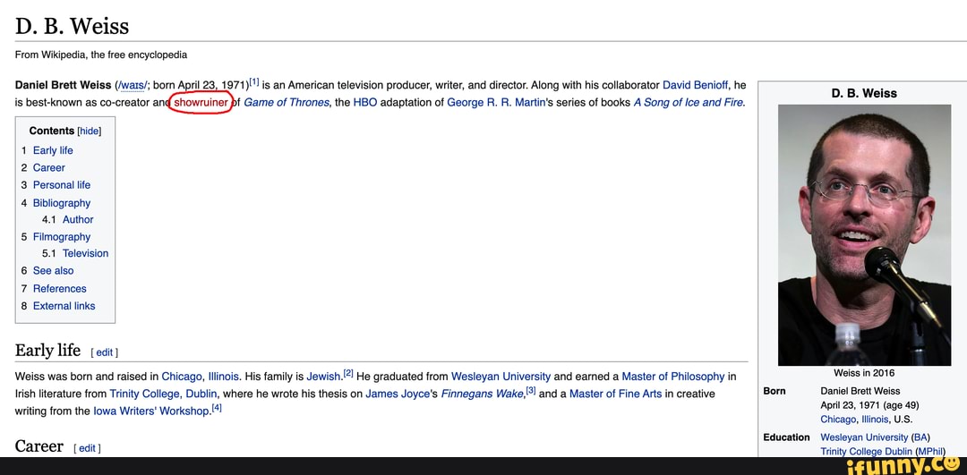 D. B. Weiss From Wikipedia, the free encyclopedia Daniel Brett Weiss ...