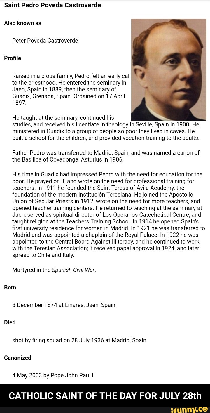 Saint Pedro Poveda Castroverde Also known as Peter Poveda Castroverde ...