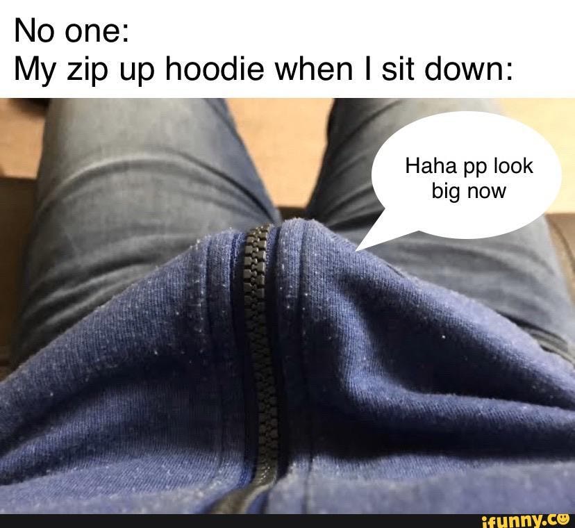 No one: My zip up hoodie when I sit down: Haha pp look big now - iFunny