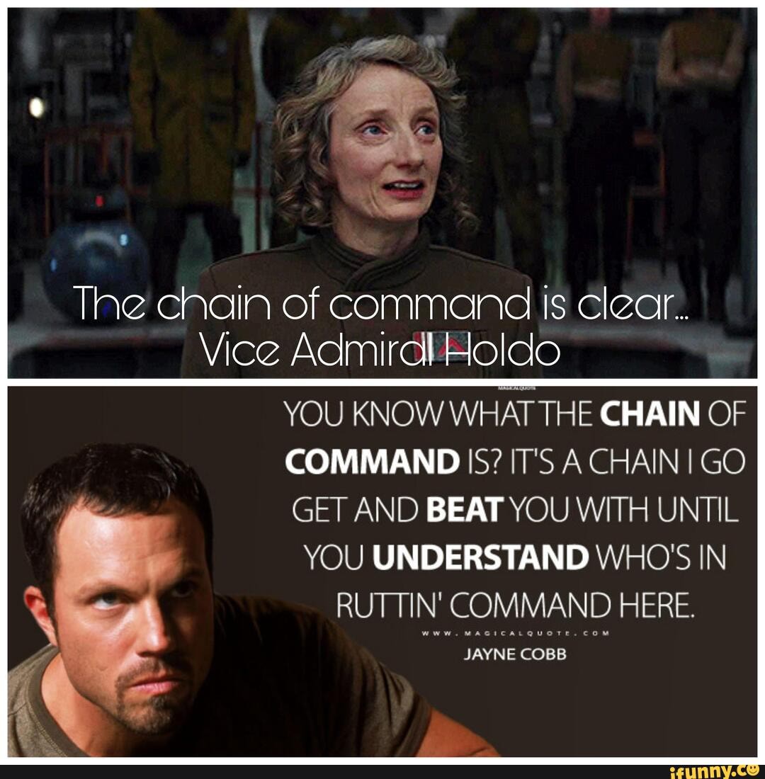 The chain of command is clear. Vice Admiral Holdo YOU KNOW WHAT THE ...