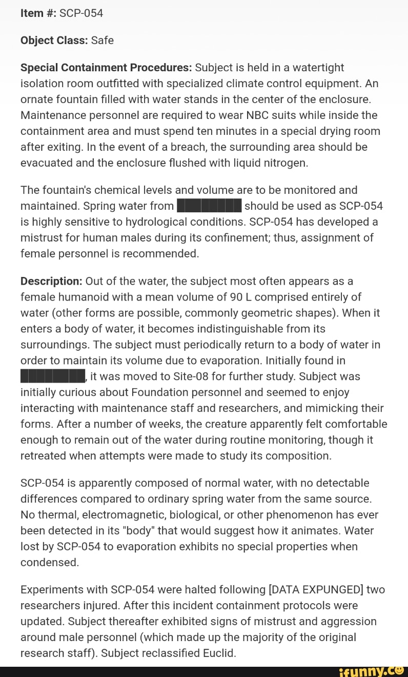 Item SCP-054 Object Class: Safe Special Containment Procedures: Subject ...