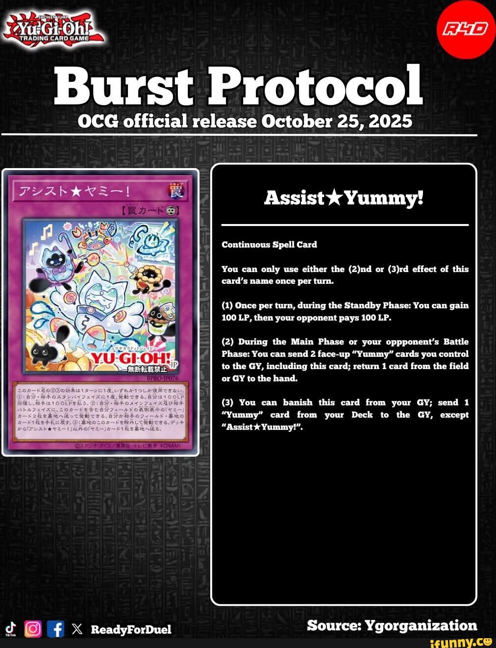 Burst Protocol OCG official release October 25, 2025 Assist Yummy! Continuous Spell Card You can ...