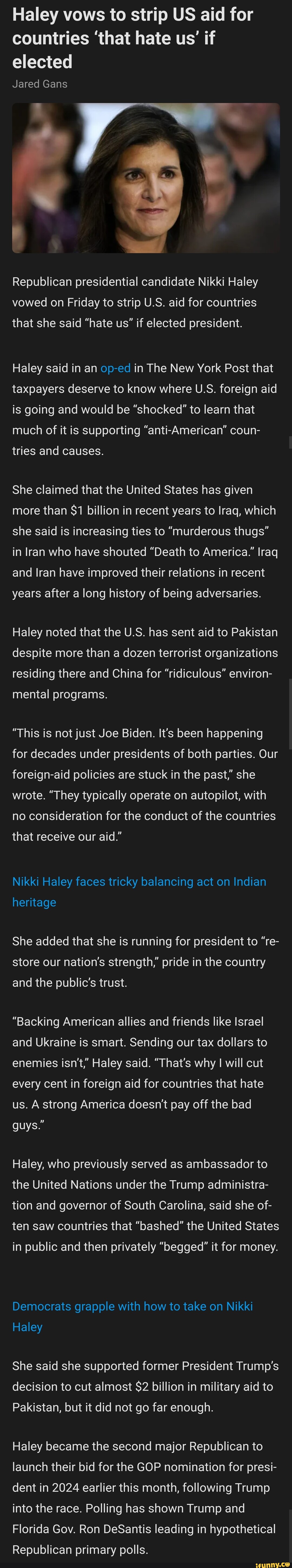 Haley vows to strip US aid for countries 'that hate us' if elected ...