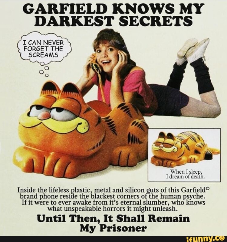GARFIELD KNOWS MY DARKEST SECRETS Inside the lifeless lastic metal and ...