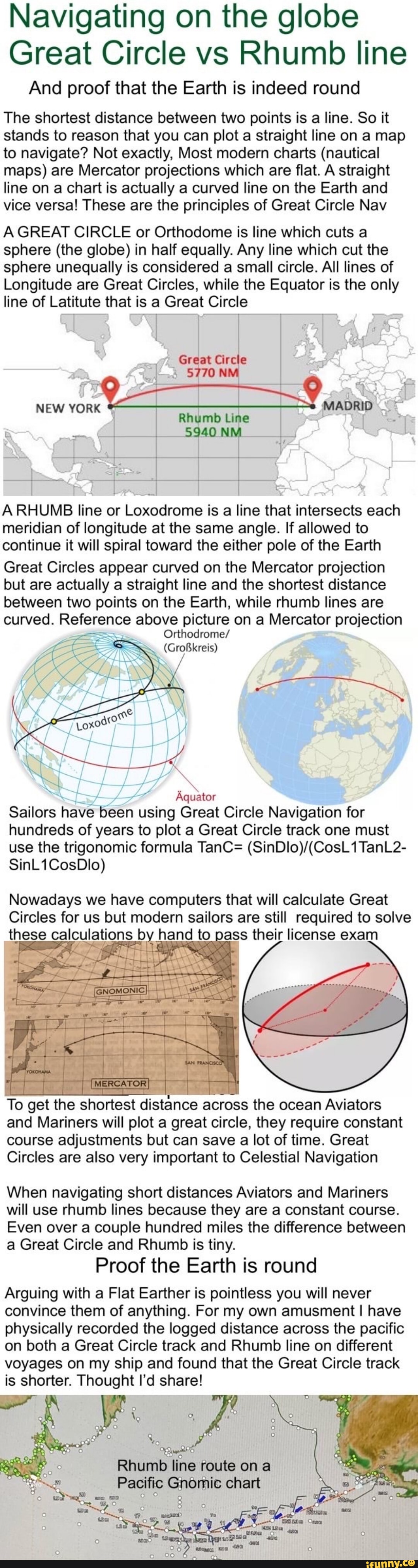 Navigating on the globe Great Circle vs Rhumb line And proof that the ...