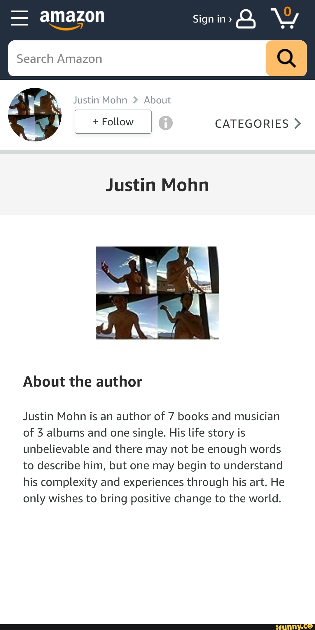 = amazon Sign in Q) \Ly Search Amazon Justin Mohn About I Follow I ...