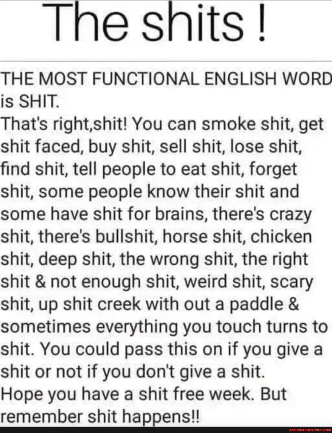The shits ! THE MOST FUNCTIONAL ENGLISH WORD is SHIT. That's it? You ...