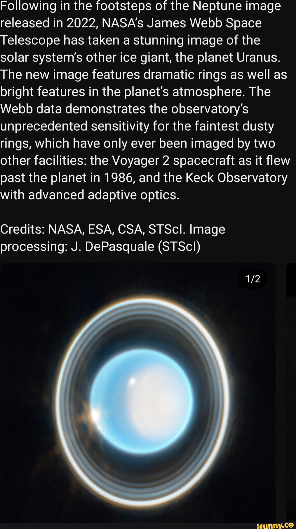 Following in the footsteps of the Neptune image released in 2022, NASA ...