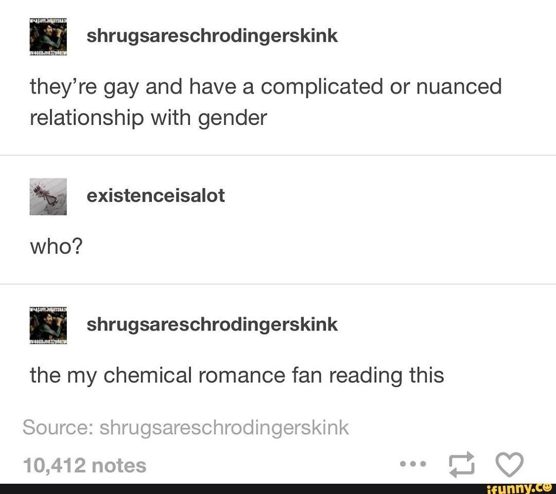 They're gay and have a complicated or nuanced relationship with gender ...