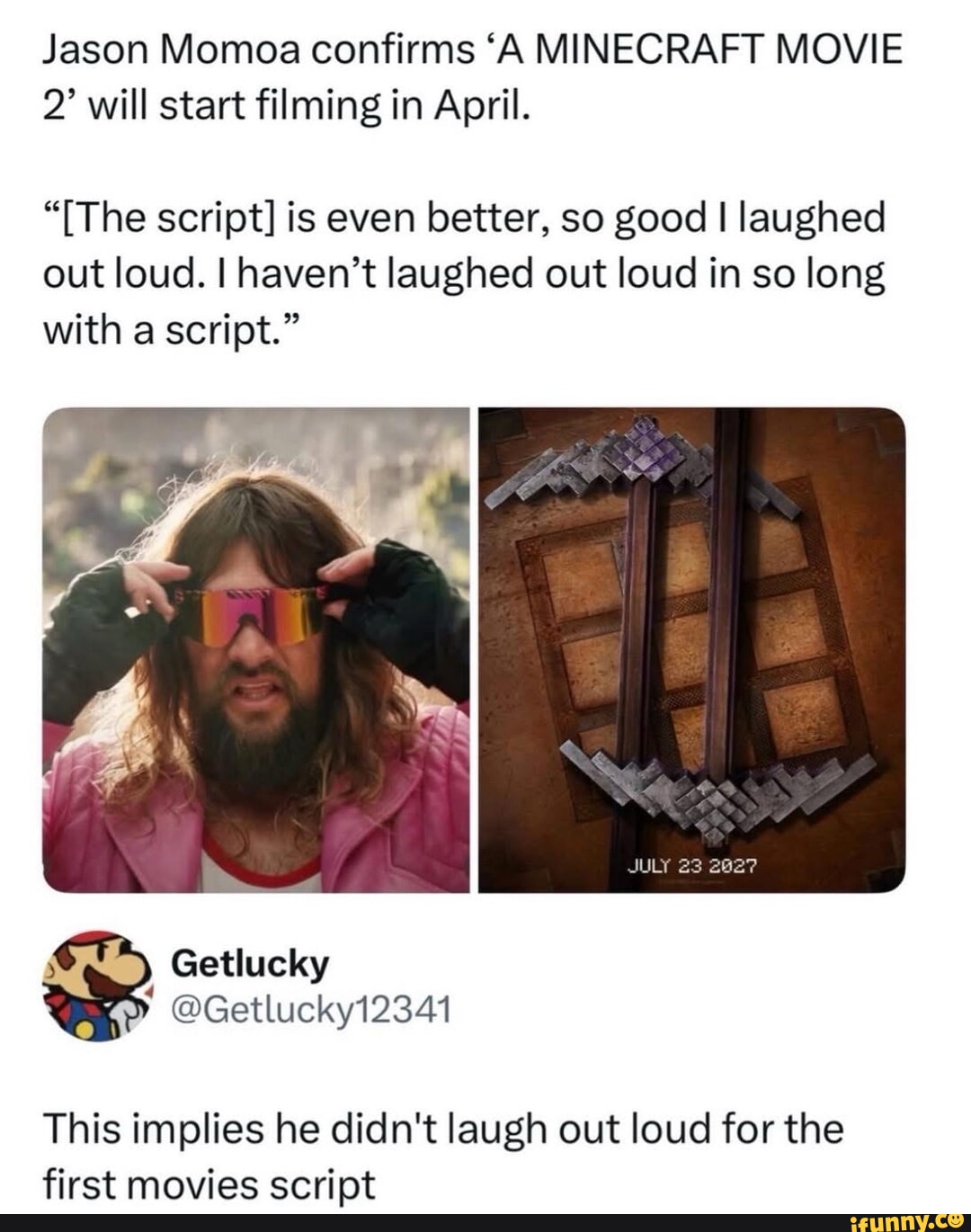 Jason Momoa confirms 'A MINECRAFT MOVIE 2' will start filming in April ...