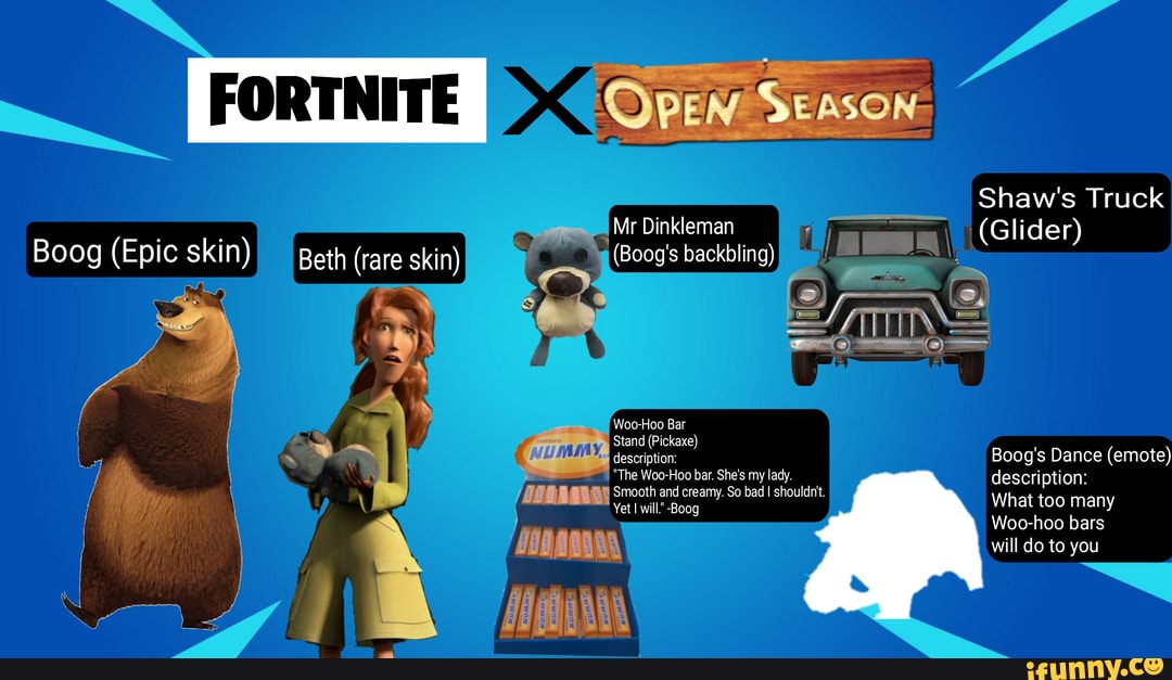 Boog (Epic skin) FORTNITE Beth (rare skin) Shaw's Truck (Glider) Mr ...