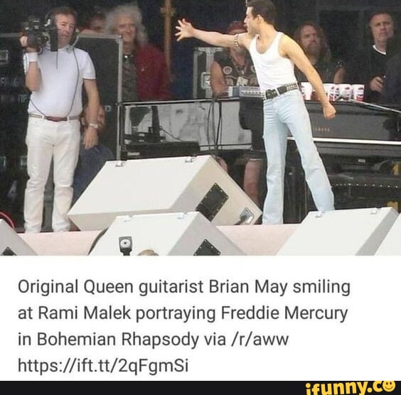 Original Queen guitarist Brian May smiling at Rami Malek portraying ...