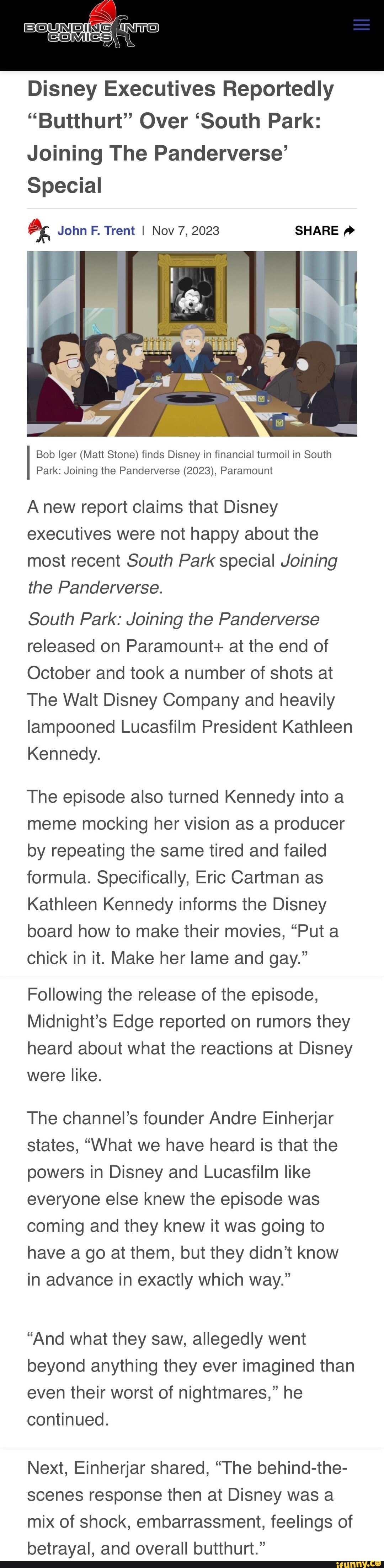 Disney Executives Reportedly "Butthurt" Over 'South Park: Joining The ...