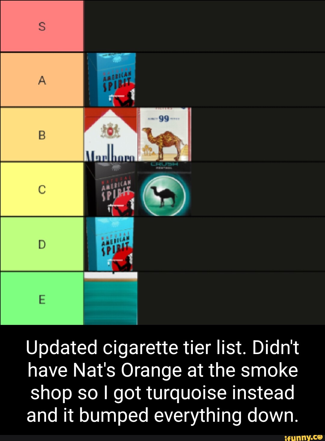 Updated cigarette tier list. Didn't have Nat's Orange at the smoke shop ...