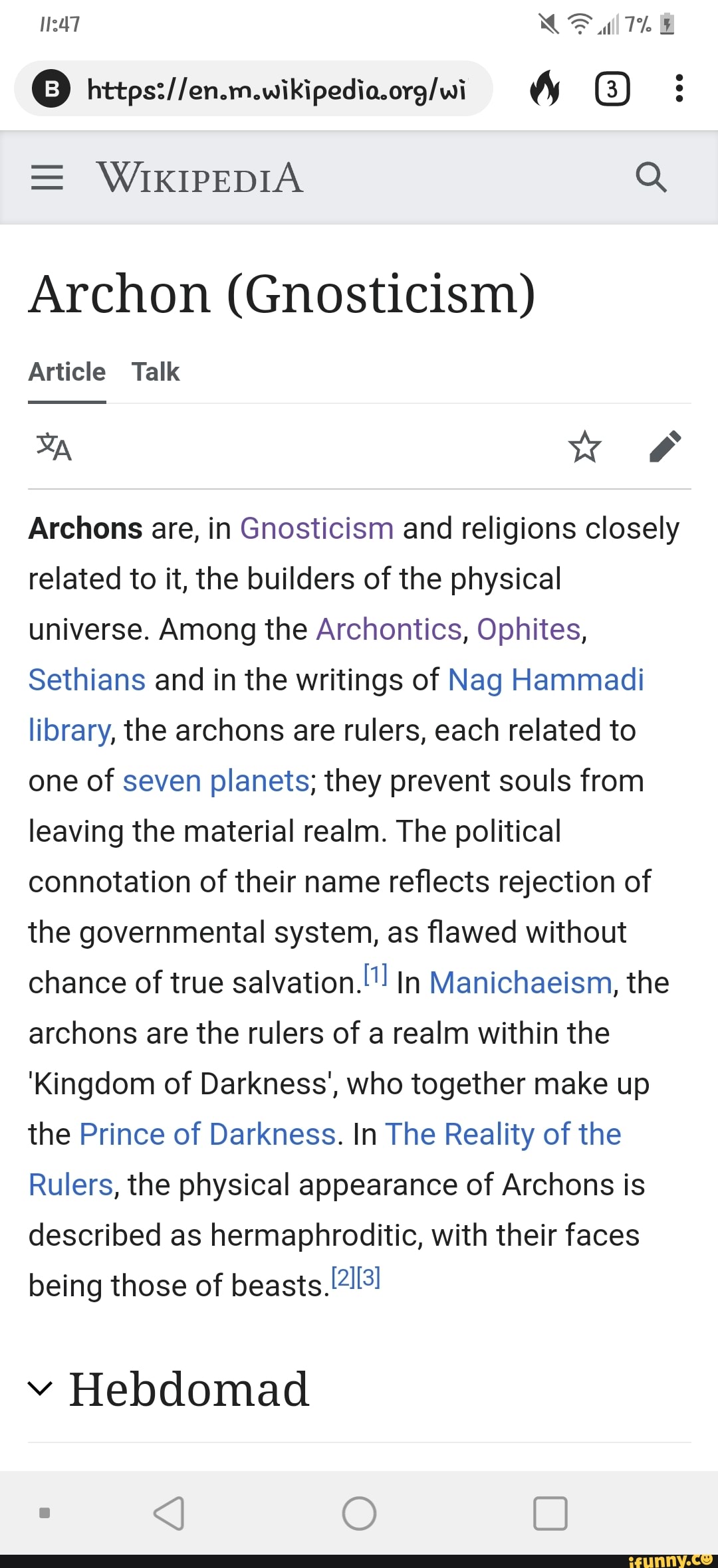 Ill WIKIPEDIA Archon (Gnosticism) Article Talk Archons are, in Gnosticism and religions closely ...