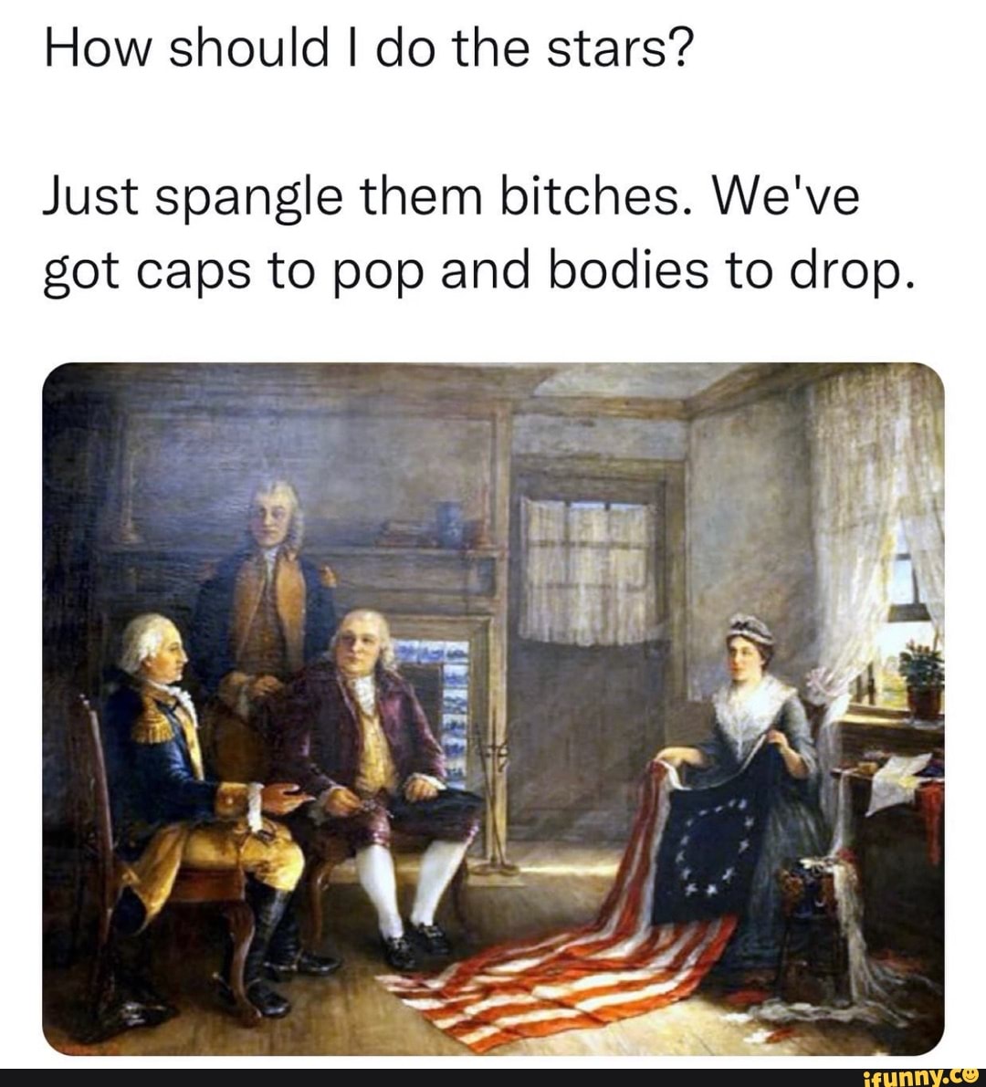 How should I do the stars? Just spangle them bitches. We've got caps to ...
