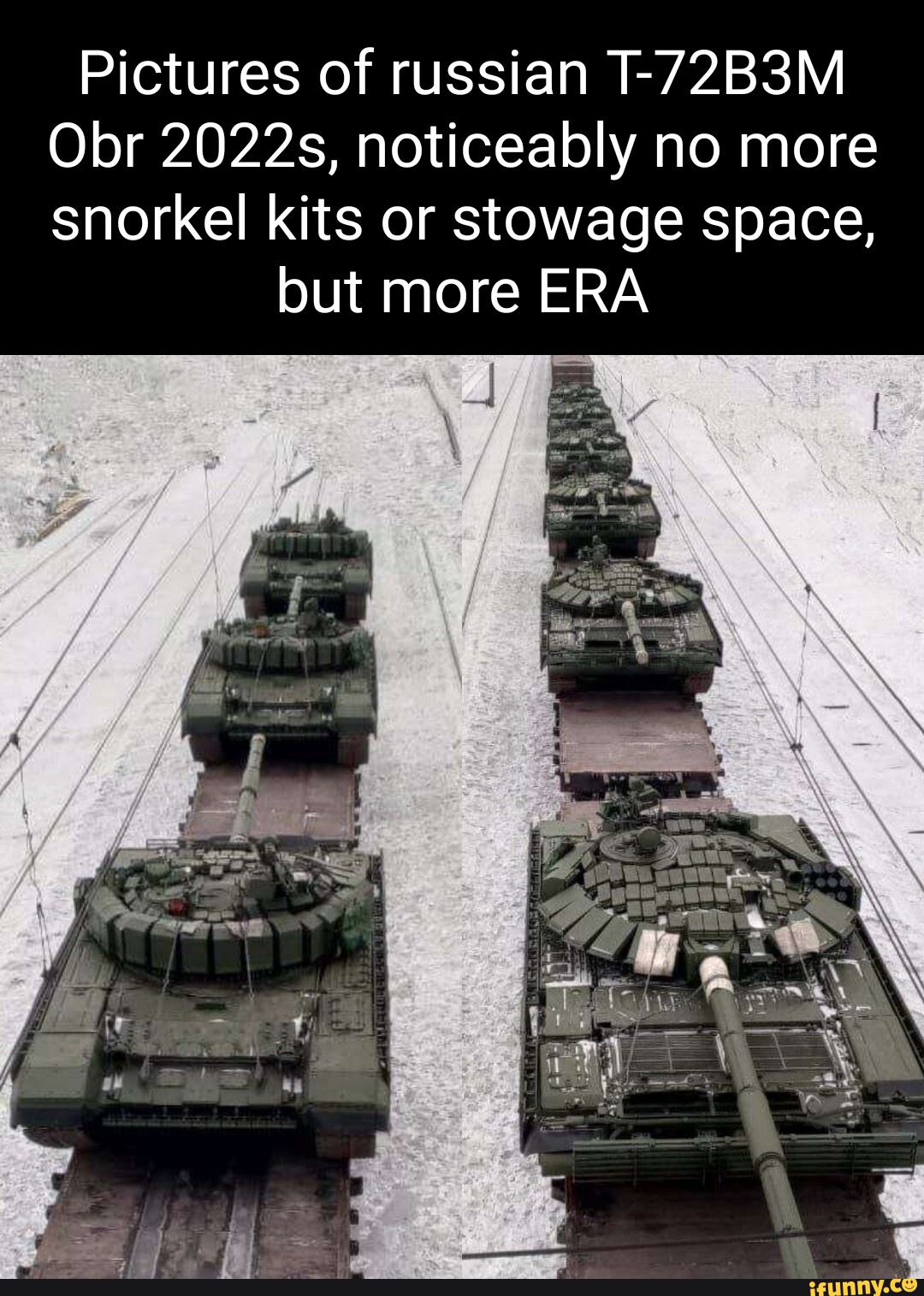 Pictures of russian T-72B3M Obr 2022s, noticeably no more snorkel kits ...