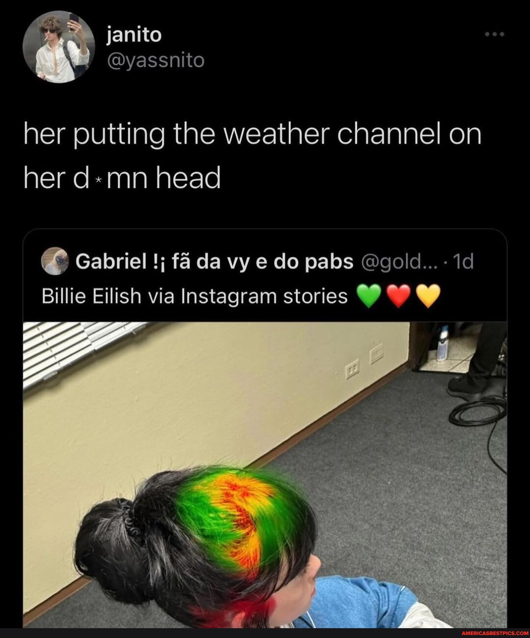 Love it - janito her putting the weather channel on her d-mn head ...