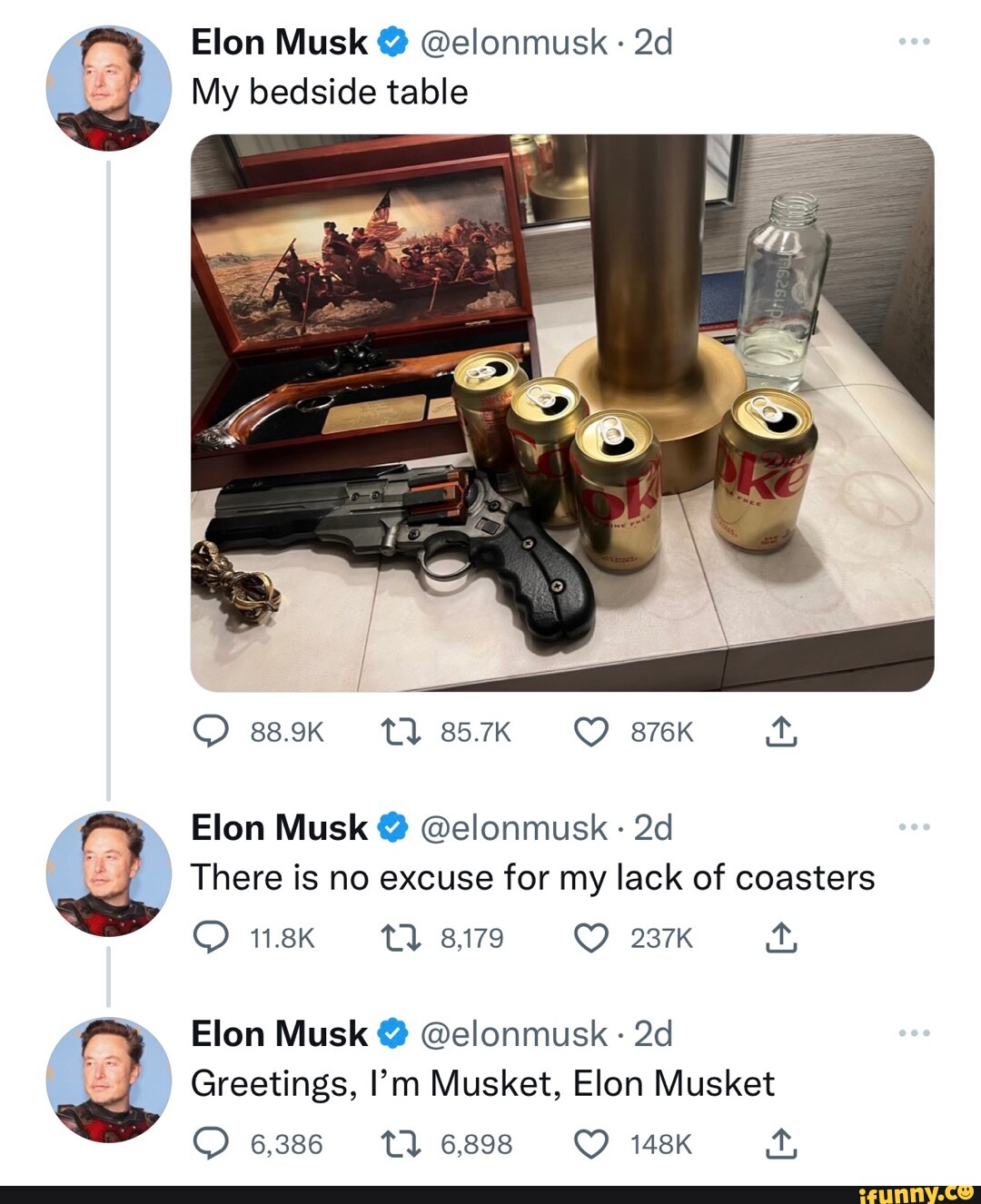 Elon Musk @ @elonmusk - I My bedside table 88.9K tl 85.7K QQ 876K it ...